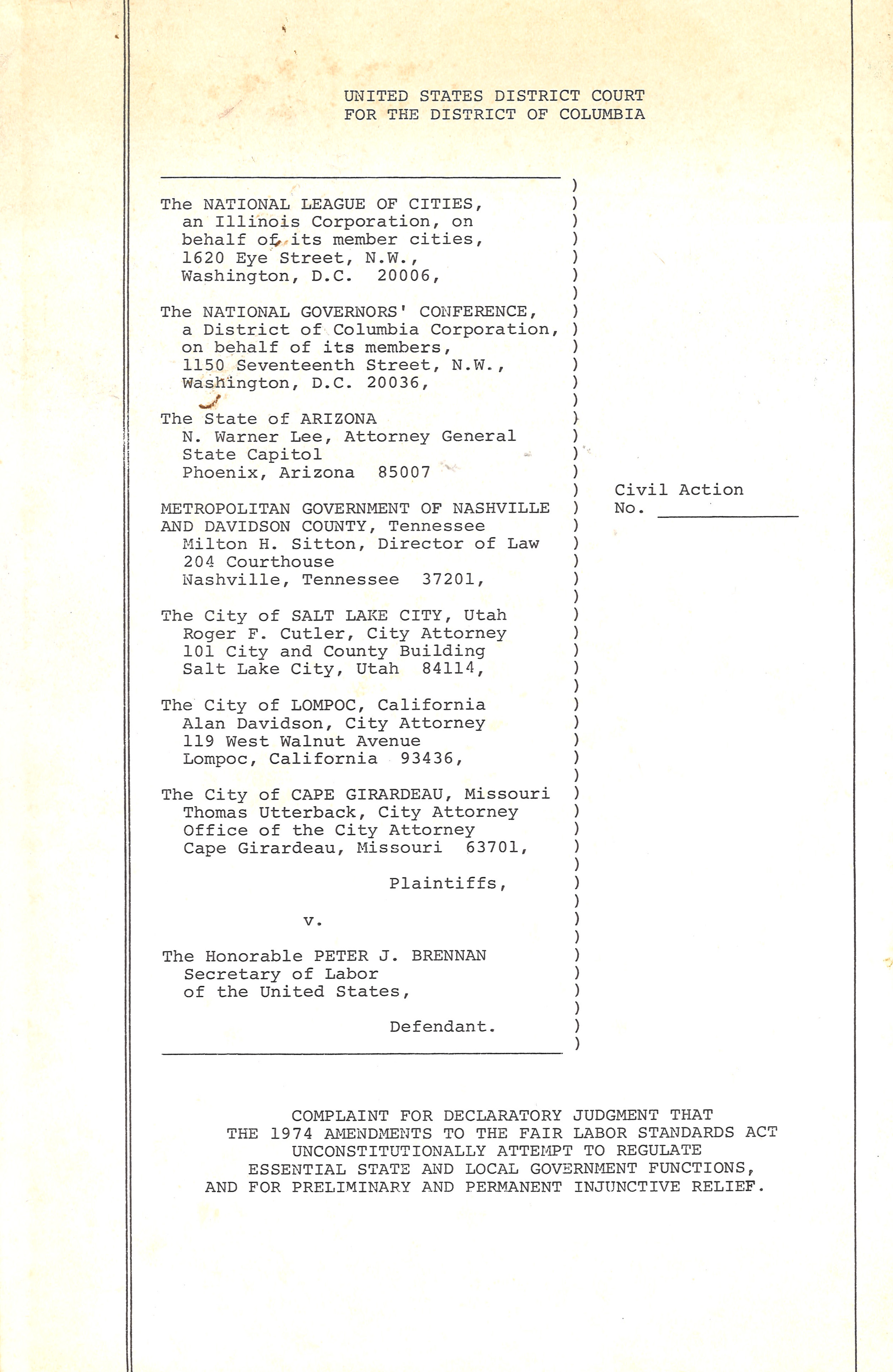 The front page of the filing for the National League of Cities v. Usery ...